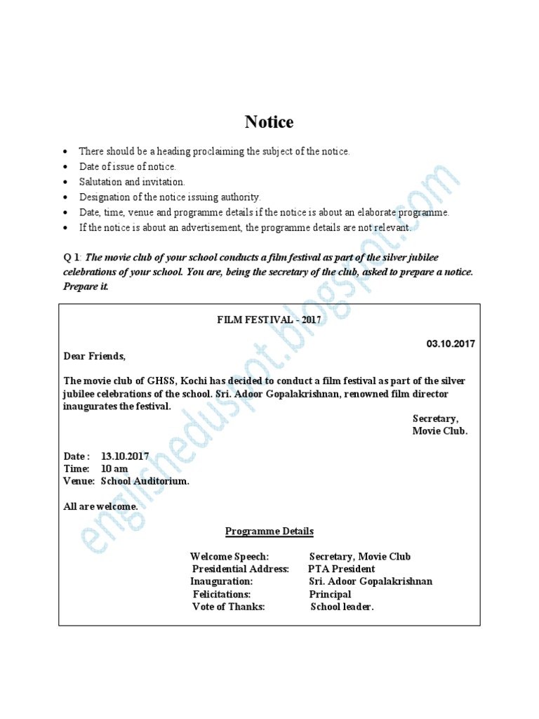 Notice: Celebrations of Your School. You Are, Being The Secretary of ...