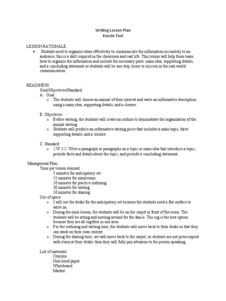 Writing Lesson Plan - Kenzie Teel | PDF | Cognition | Psychological ...