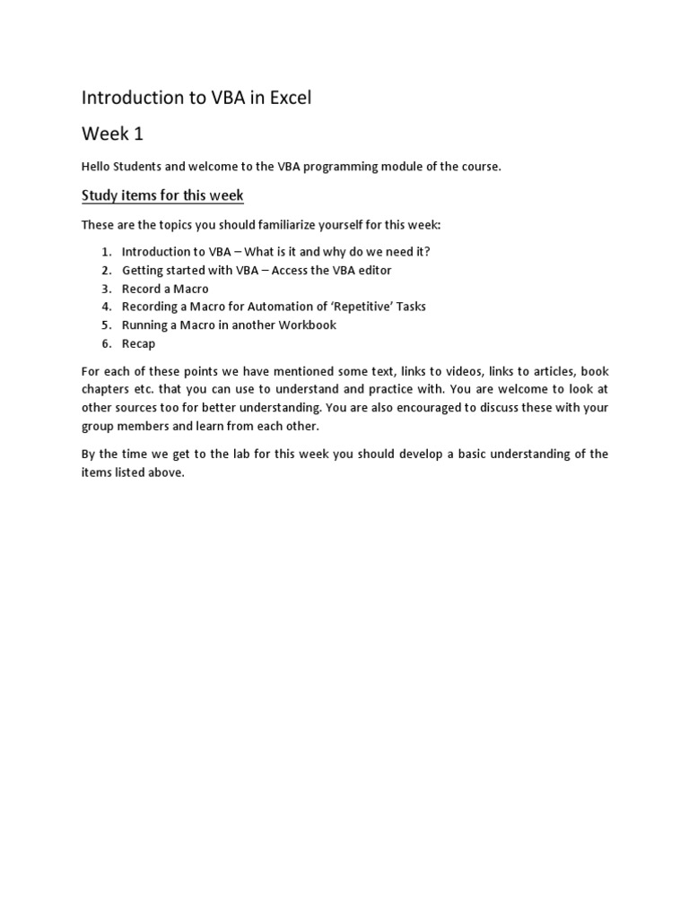Introduction To VBA in Excel Week 1: Study Items For This Week | PDF | Visual Basic For ...