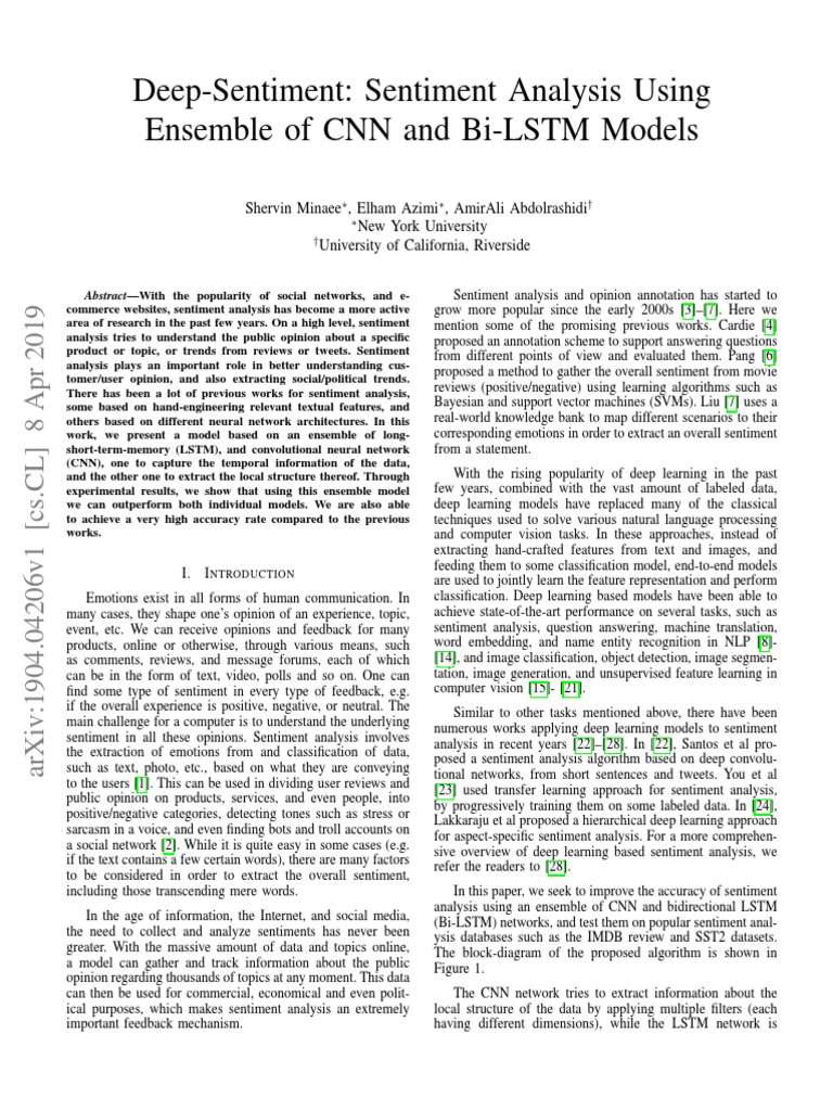 Deep-Sentiment: Sentiment Analysis Using Ensemble of CNN and Bi-LSTM Models | PDF | Deep ...
