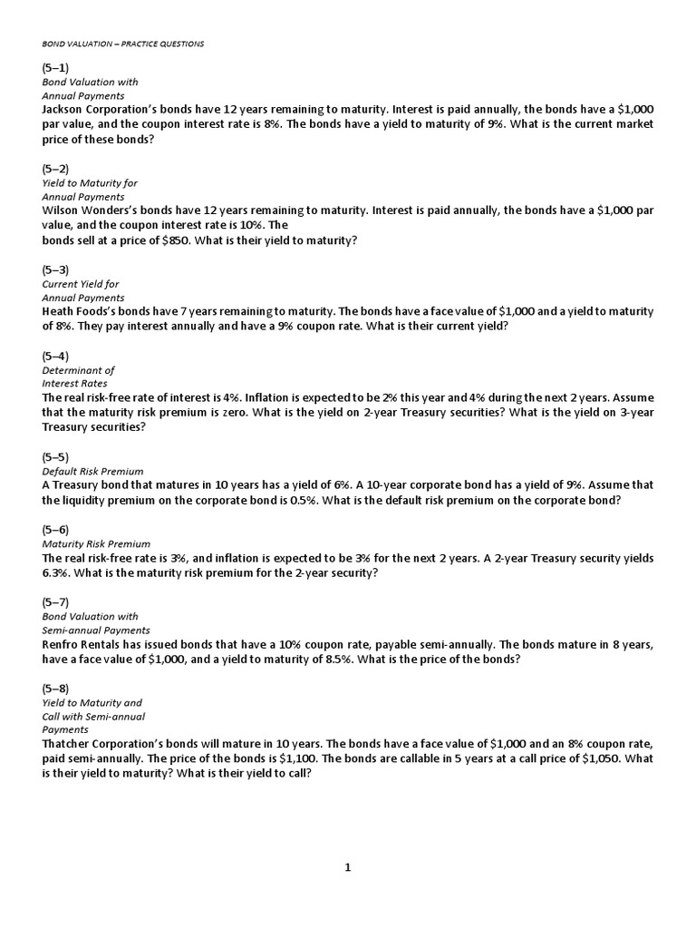 Bond Valuation - Practice Questions | PDF | Bonds (Finance) | Yield ...
