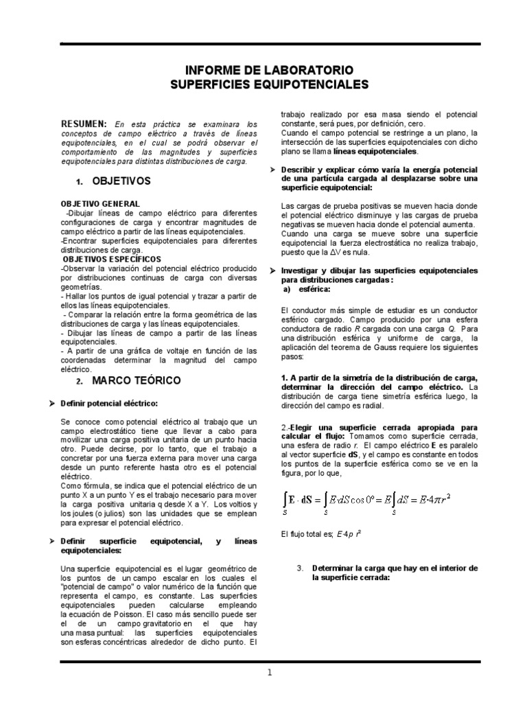 Informe de Laboratorio Superficies Equipotenciales: Objetivos | PDF | Campo eléctrico | Electricidad