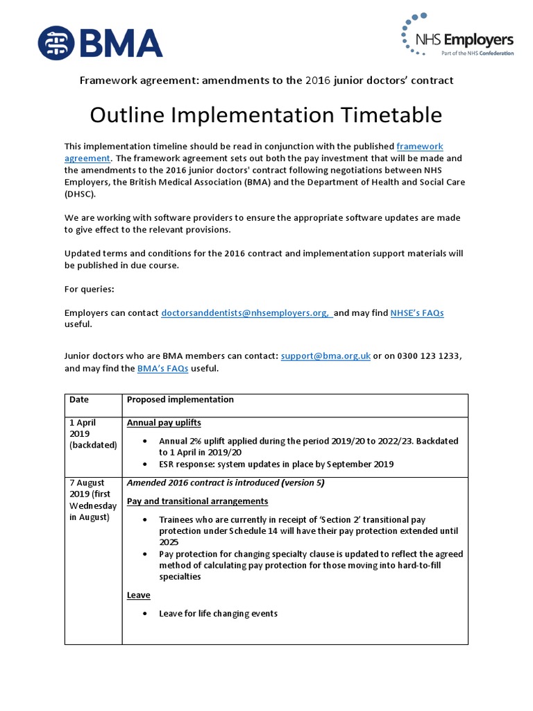 Outline Implementation Timetable: Framework Agreement: Amendments To ...