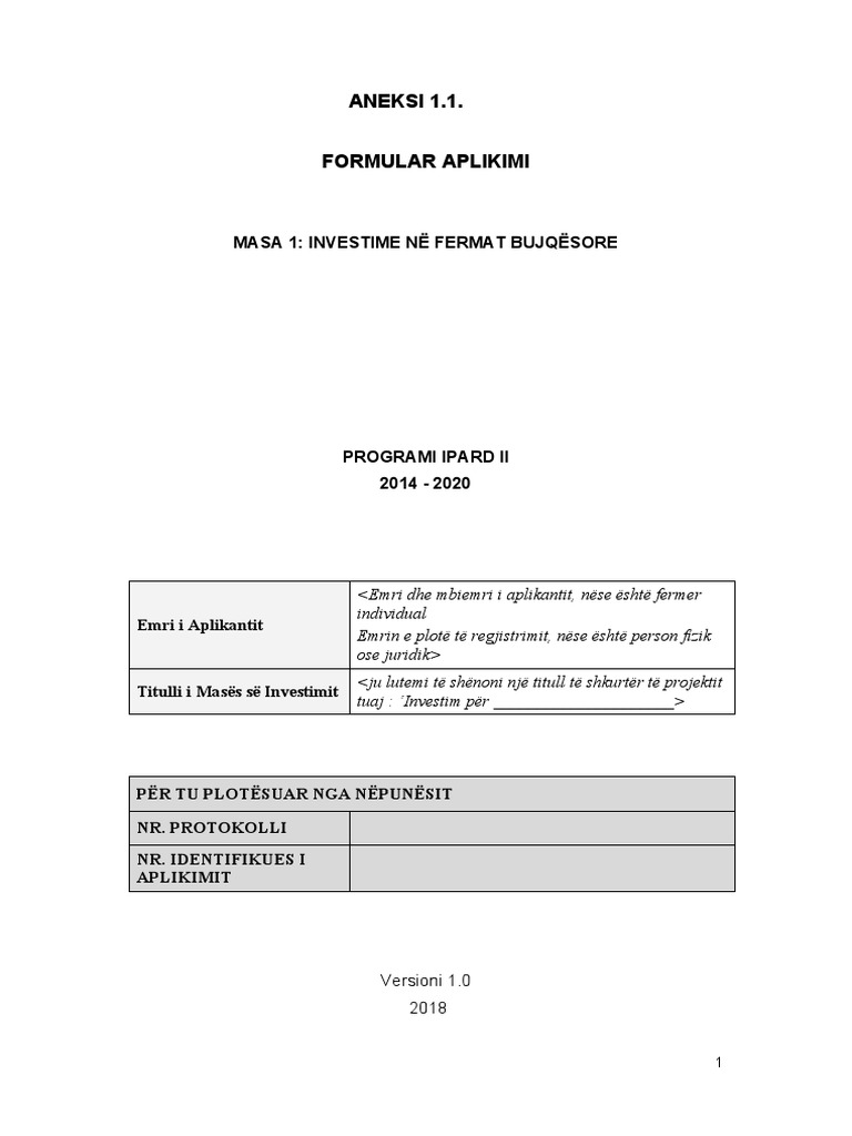Aneks 1.1 Formular Aplikimi Për Masën 1 Investime Fizike Në Fermë | PDF