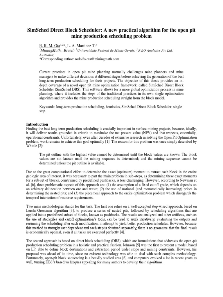 Simsched Direct Block Scheduler: A New Practical Algorithm For The Open Pit Mine Production ...