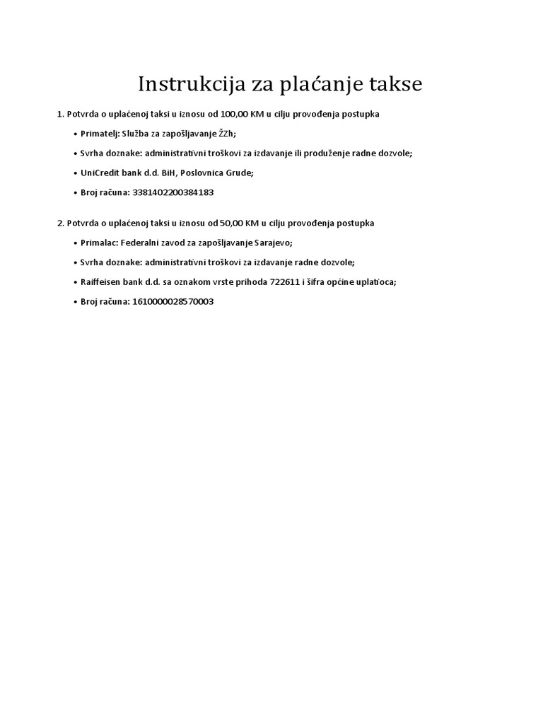 Instrukcija Za Plaćanje Takse RADNE DOZVOLE | PDF