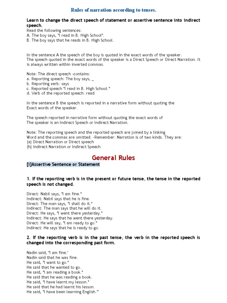 Rules of Narration According To Tenses | Download Free PDF | Linguistic ...