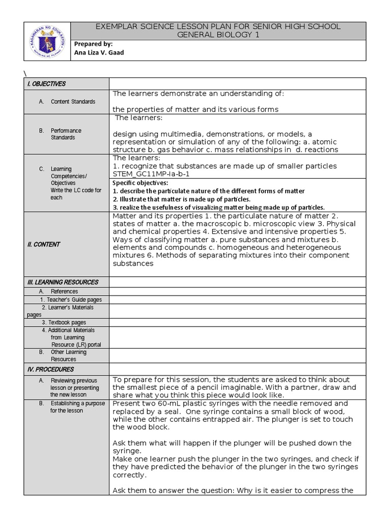 Exemplar Science Lesson Plan For Senior High School General Biology 1 ...