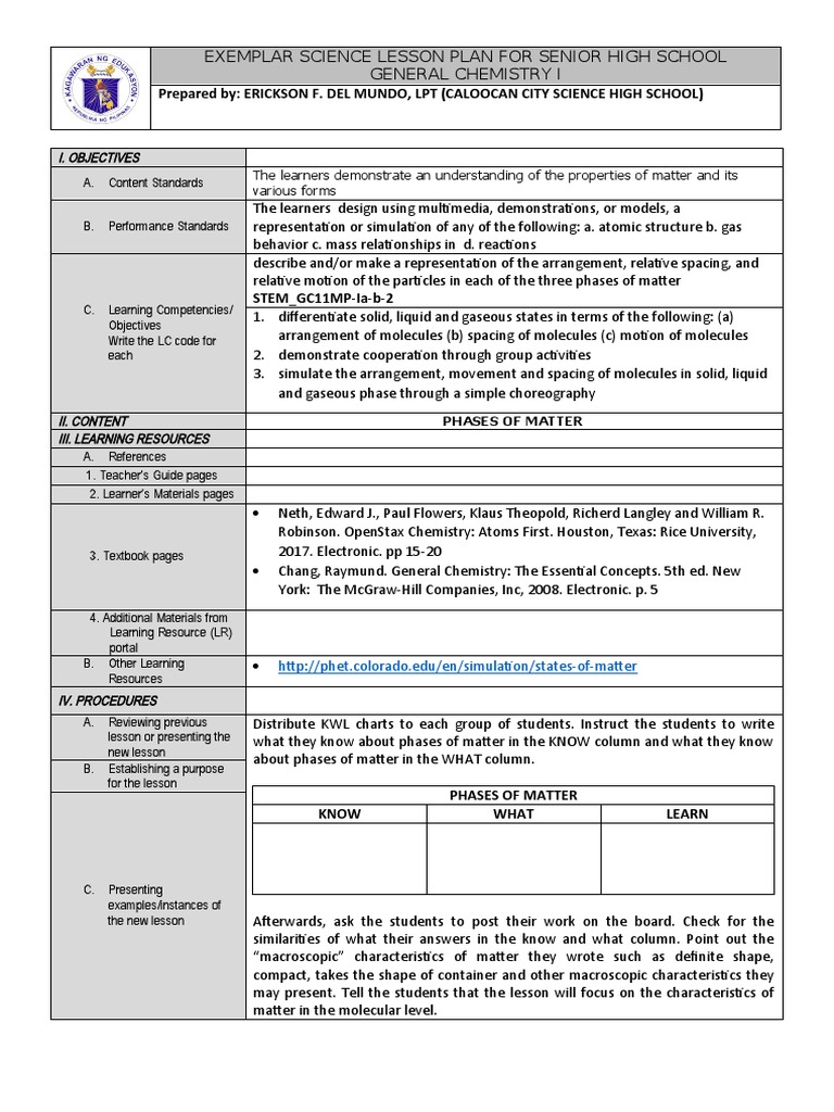 Exemplar Science Lesson Plan For Senior High School General Chemistry I ...