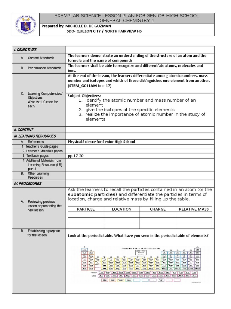 Exemplar Science Lesson Plan For Senior High School General Chemistry 1 ...