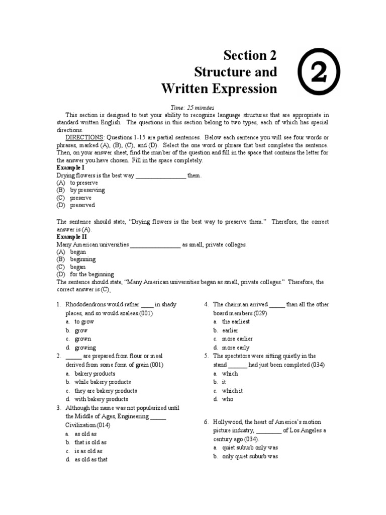 Section 2 Structure and Written Expression: Example I | PDF | Phrase