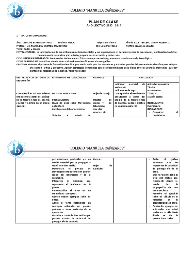 PLAN DE CLASE DEMOSTRATIVA. de Ondasdocx | PDF | Olas | Física