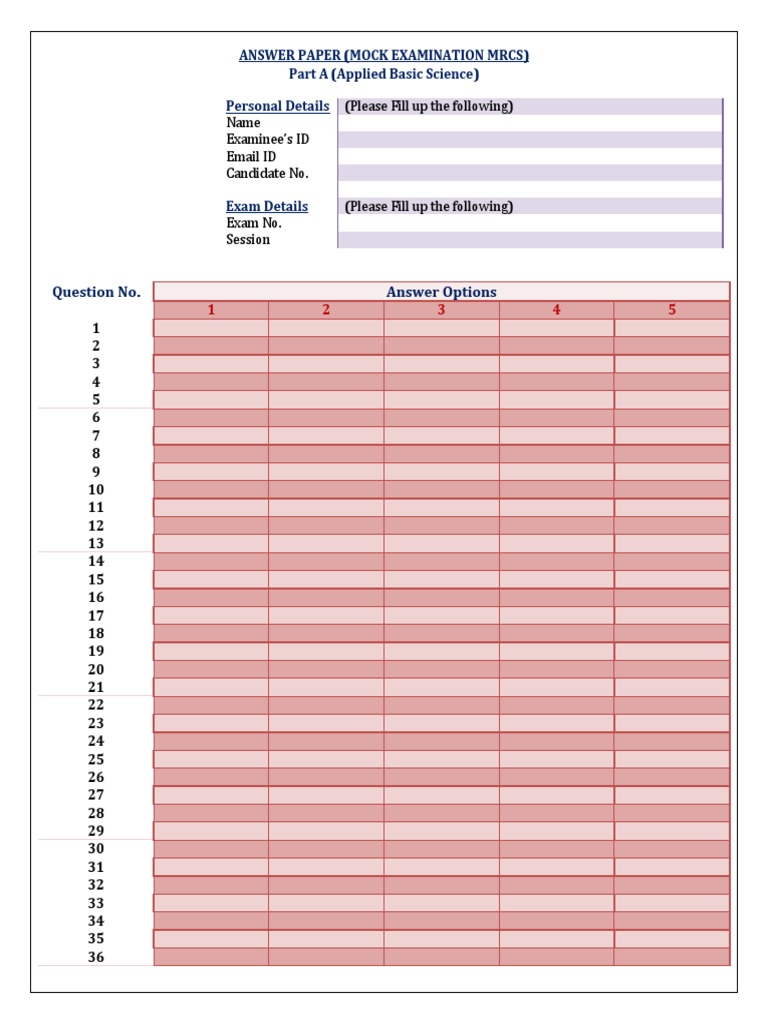 MRCS Mock Exam Answer Sheet | PDF