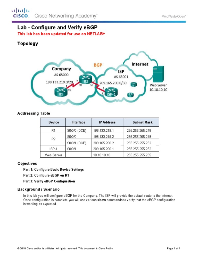 Lab - Configure and Verify eBGP: Topology | PDF | Router (Computing) | Network Architecture