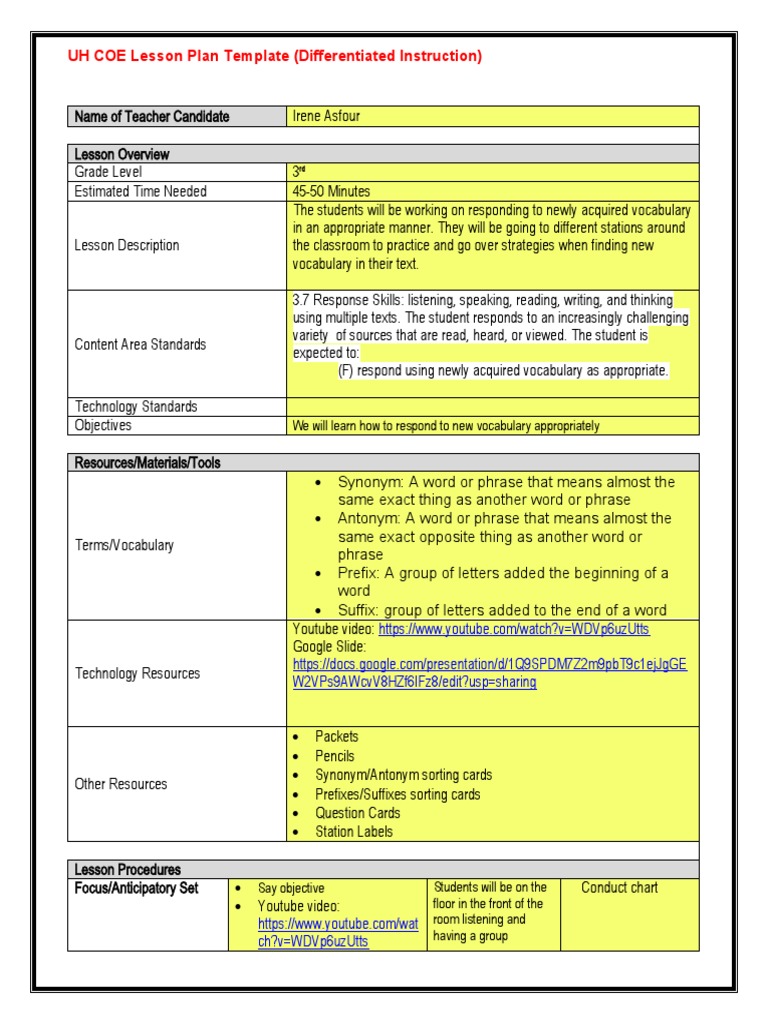 UH COE Lesson Plan Template (Differentiated Instruction) : We Will ...