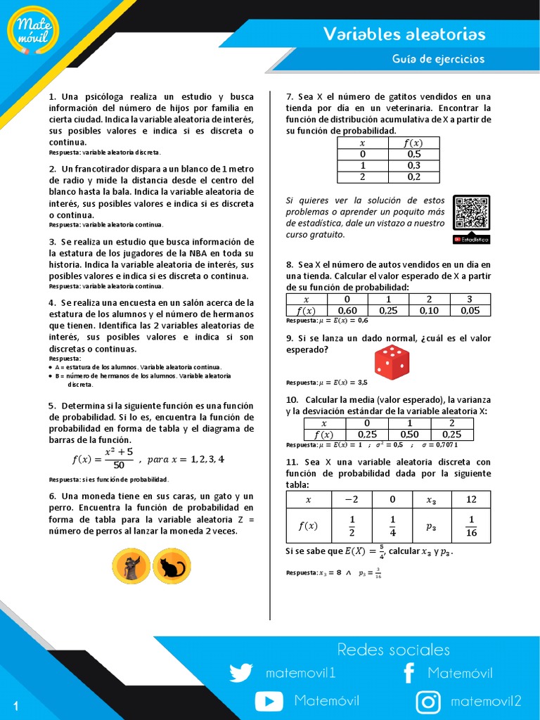 Variables Aleatorias Ejercicios Propuestos PDF | PDF | Variable aleatoria | Diferencia
