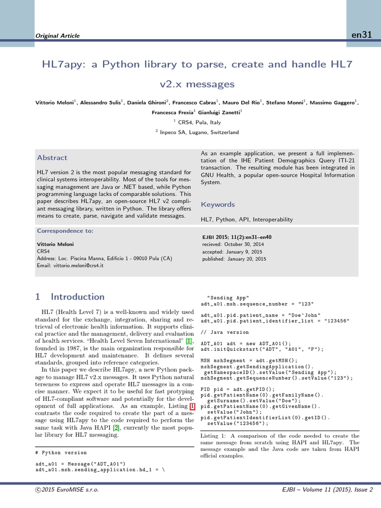 Hl7apy A Python Library To Parse Create And Handle Hl7 V2x Messages Pdf Parsing 