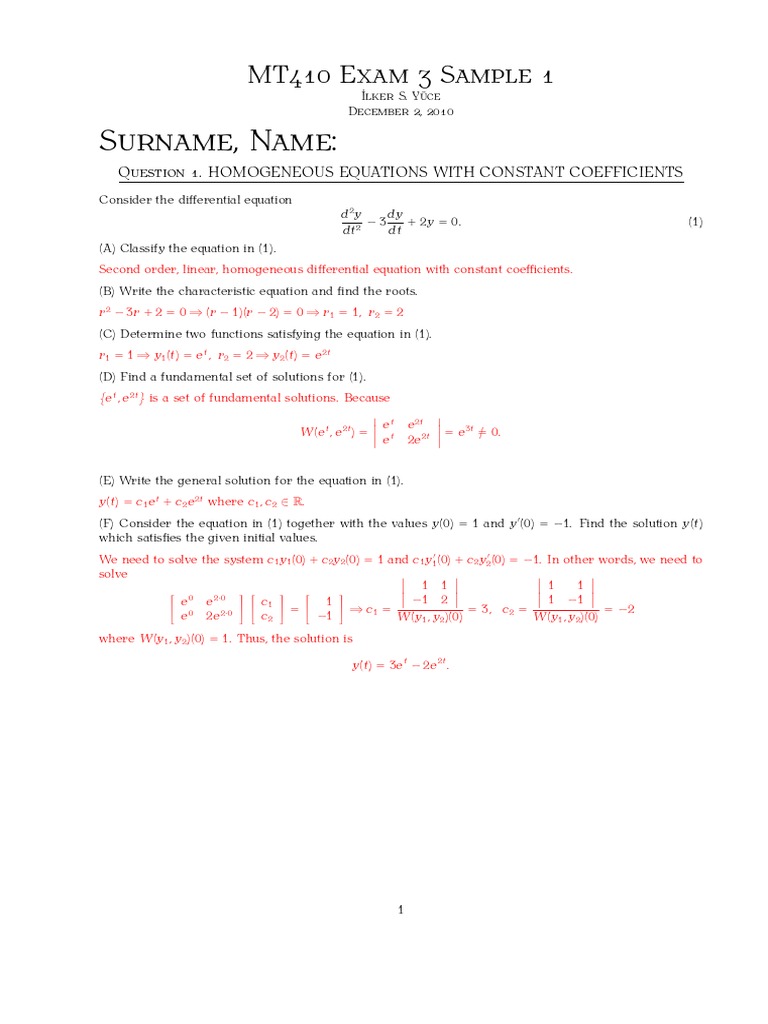 Exam 3 MT410 Sample 1 Ans | PDF | Rates | Equations