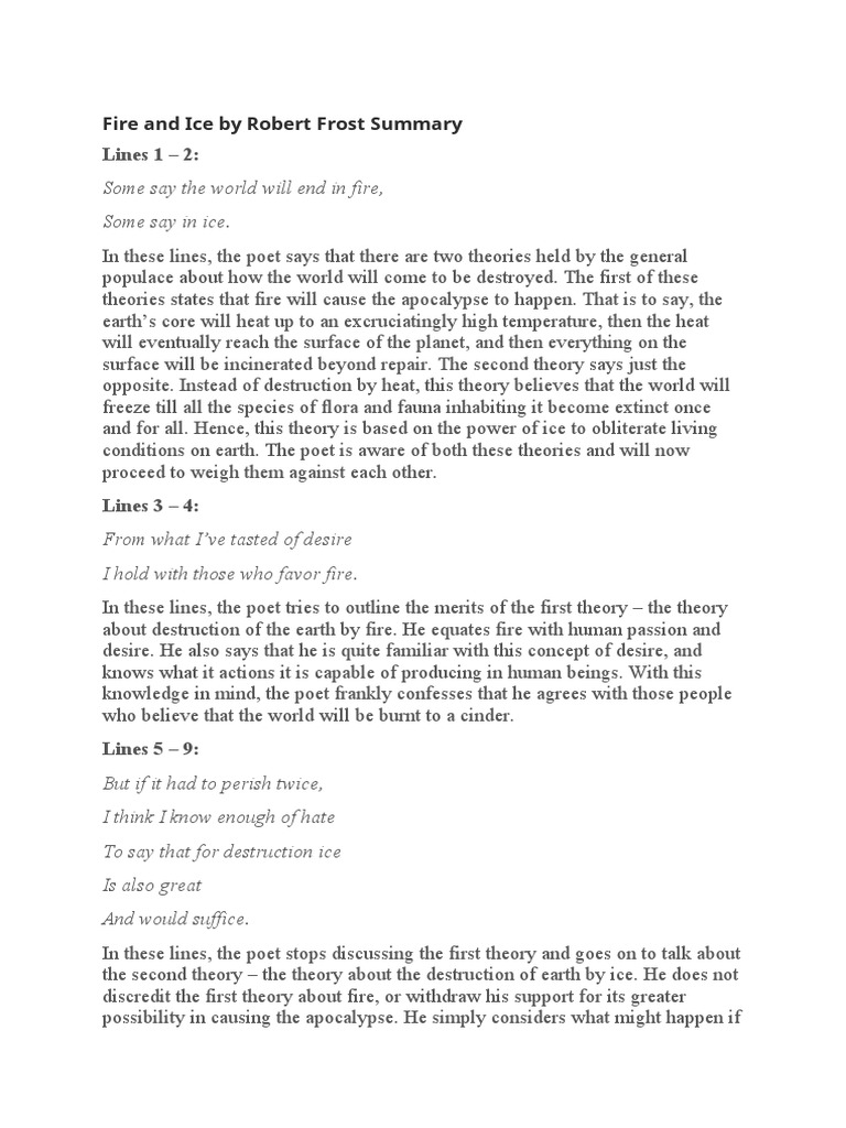Fire and Ice by Robert Frost Summary (Mail) | PDF | Ice | Hatred