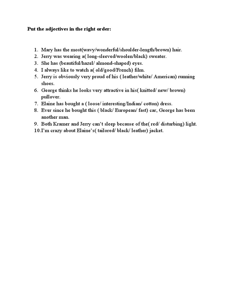 Adjective Order Practice Exercise | PDF