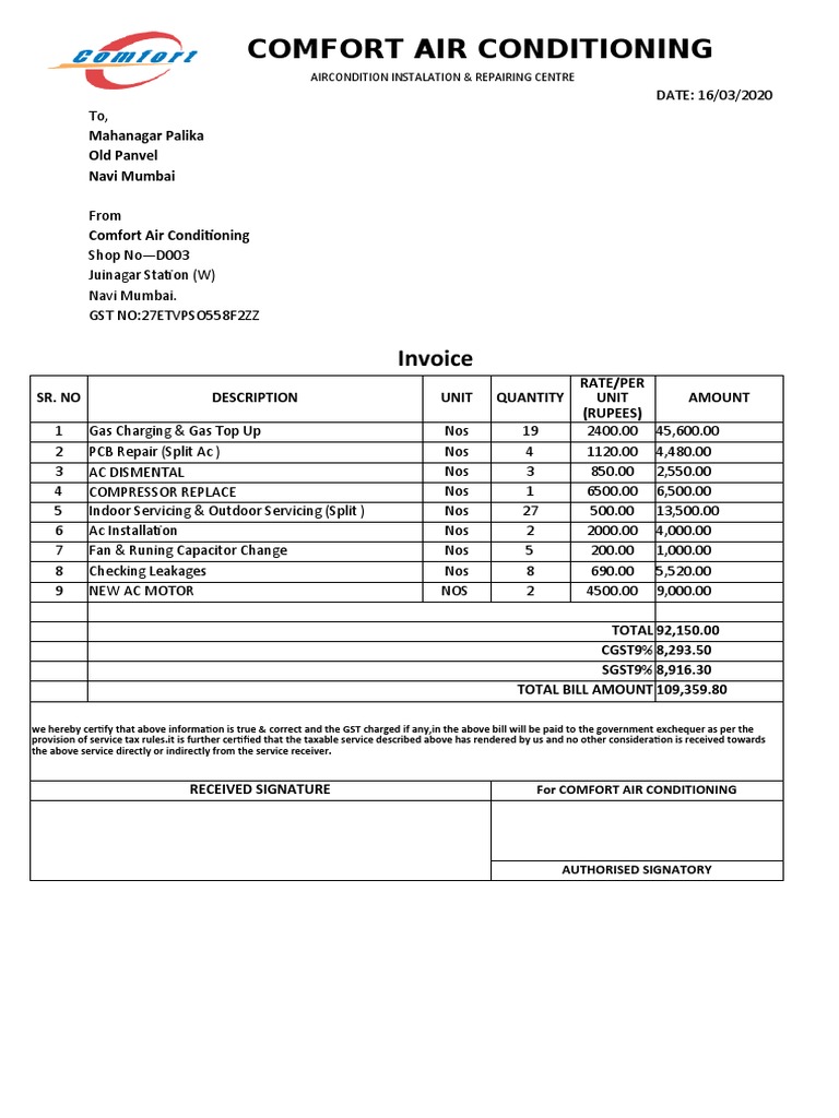 Invoice for AC Services in Navi Mumbai | PDF | Value Added Tax | Public ...