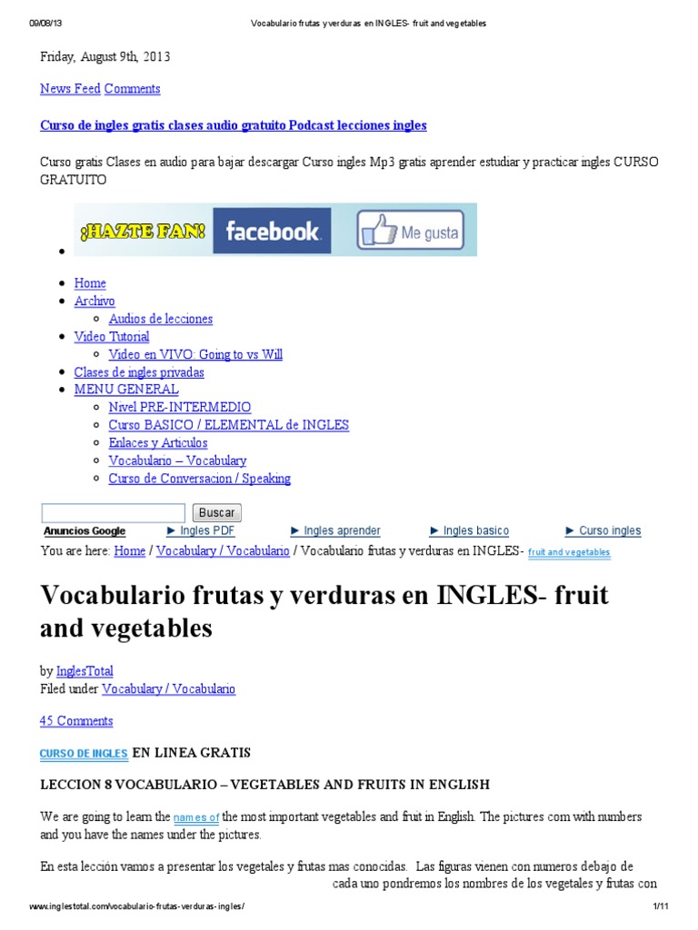 Vocabulario Frutas Y Verduras En Ingles Fruit And Vegetables Pdf Pdf