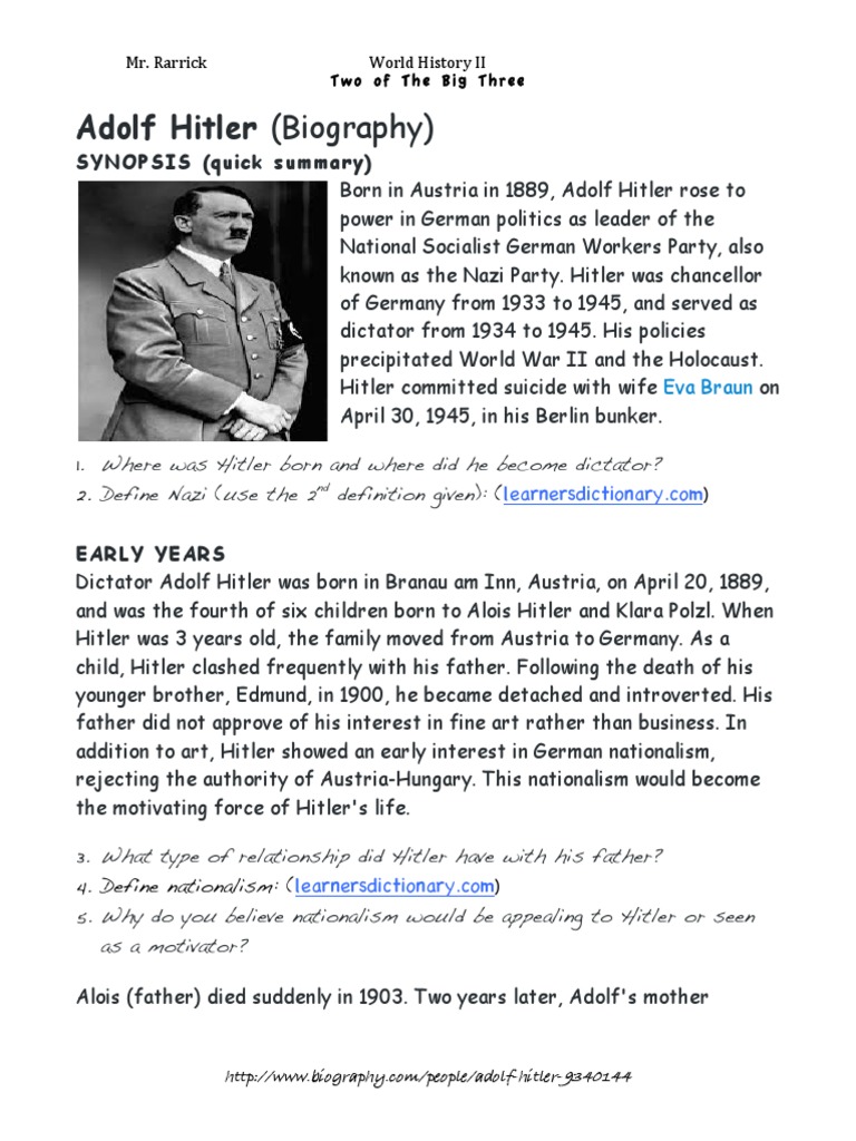 Adolf Hitler: Life and Legacy Summary | PDF | Adolf Hitler | Axis Powers