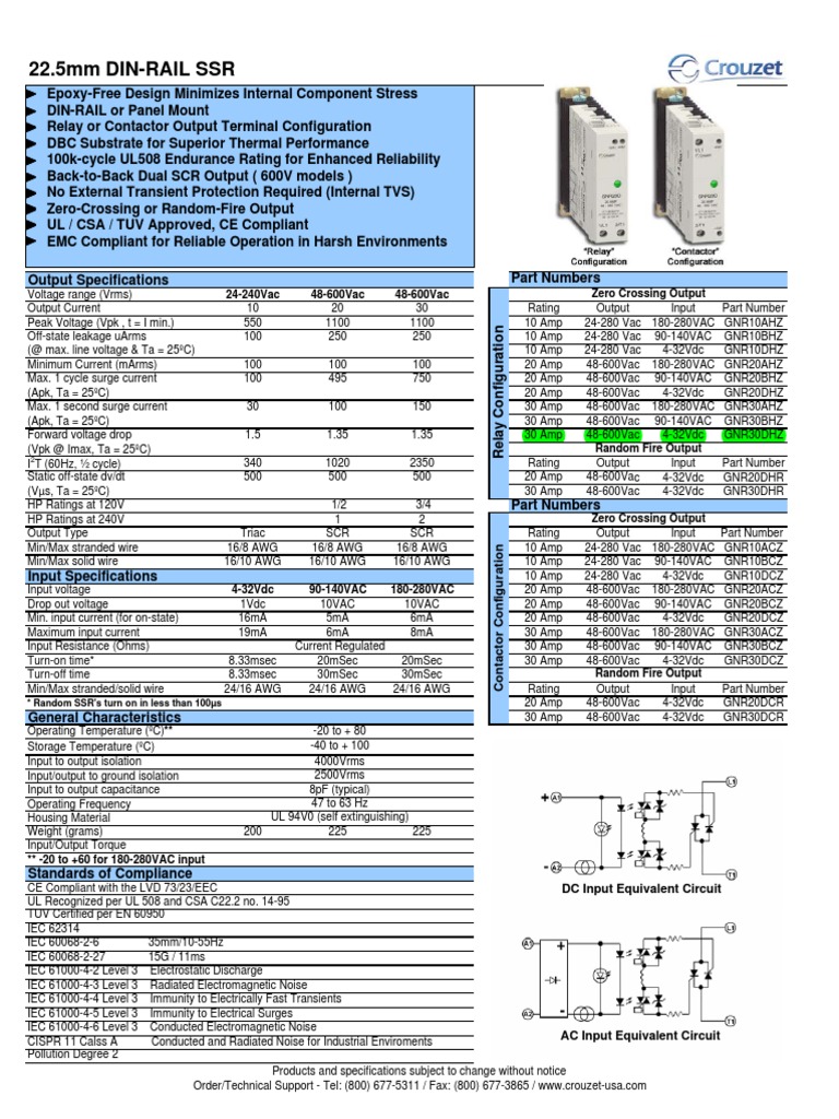22.5mm DIN-RAIL SSR: 24-240vac 48-600vac 48-600vac Zero Crossing Output ...
