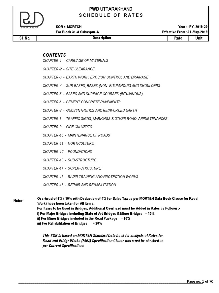 Uttarakhand PWD SOR 2019-20 Rates | PDF | Masonry | Construction Aggregate