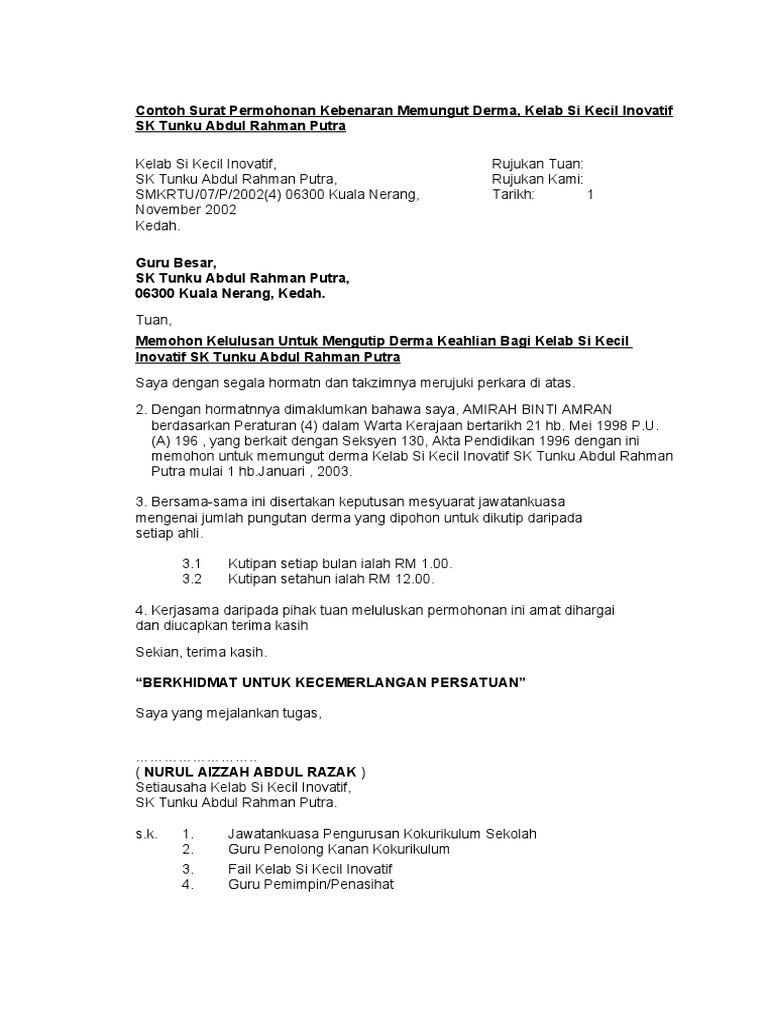 Contoh Surat Permohonan Kebenaran Memungut Derma | PDF