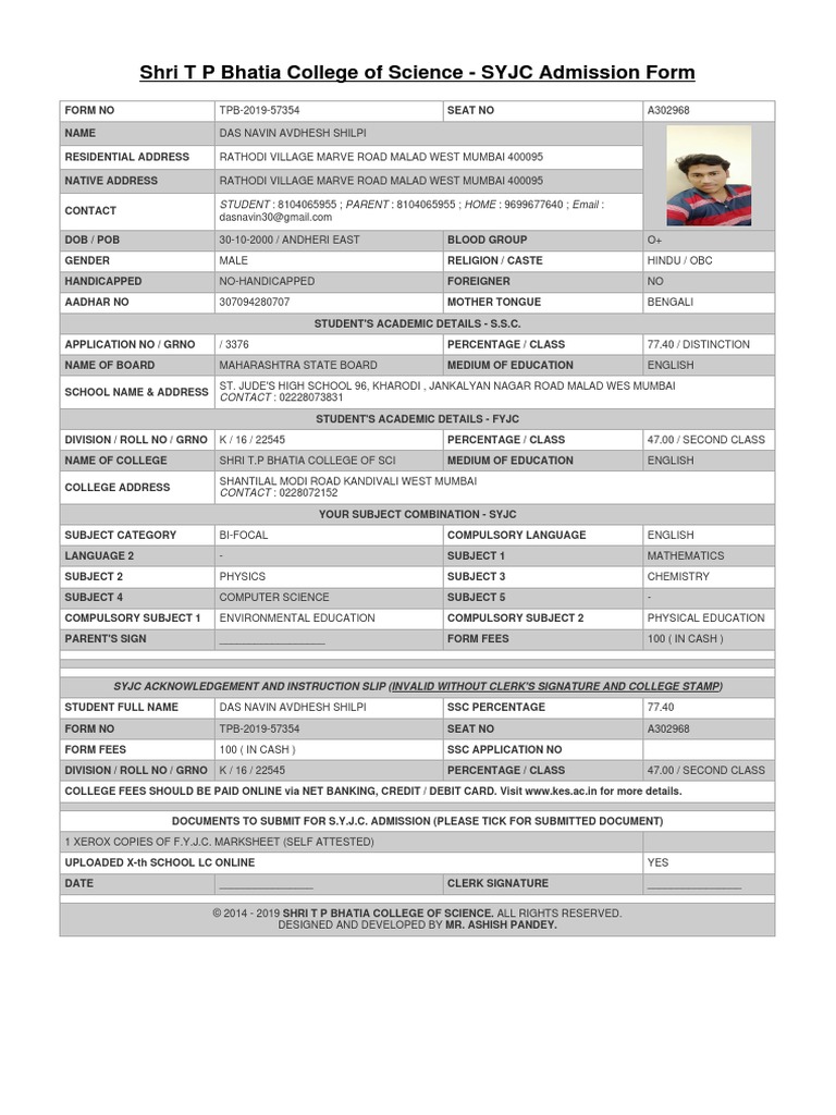 Shri T P Bhatia College of Science - SYJC Admission Form | PDF | Learning