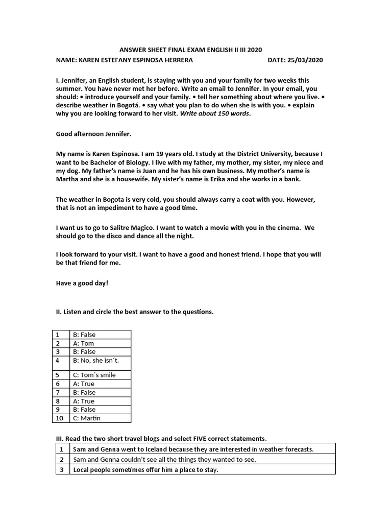 English II III Final Exam Answer Sheet | PDF