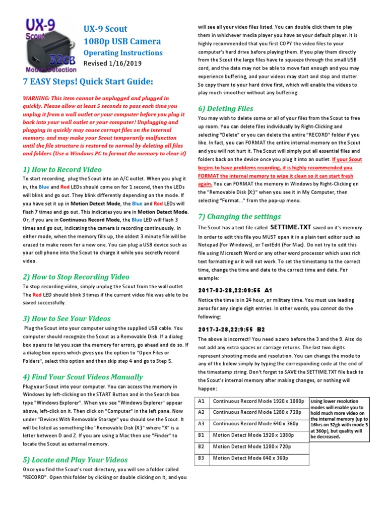 Quick Start Guide for Setting Up and Using the UX-9 1080p USB Camera ...