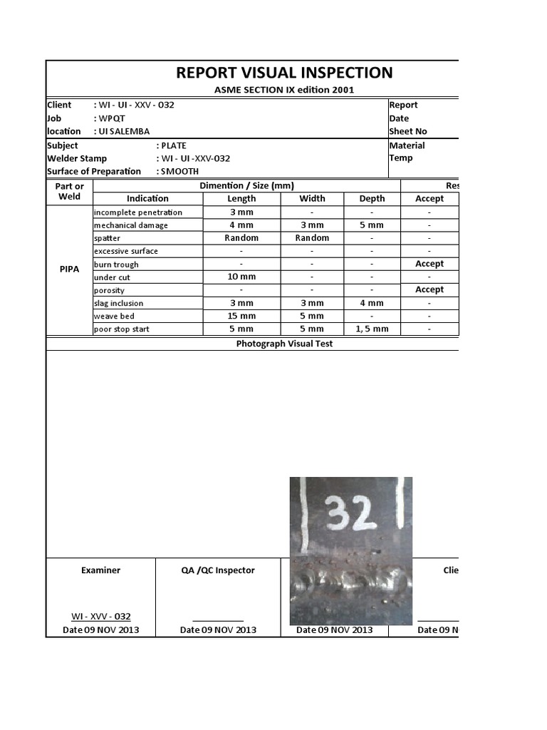 Report Visual Inspection: ASME SECTION IX Edition 2001 | PDF | Welding ...