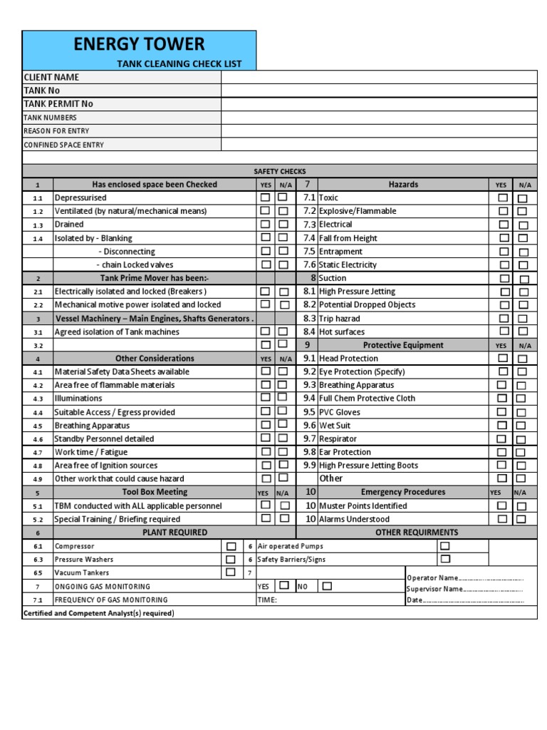 Tank Cleaning Safety Checklist | PDF | Safety | Mechanical Engineering
