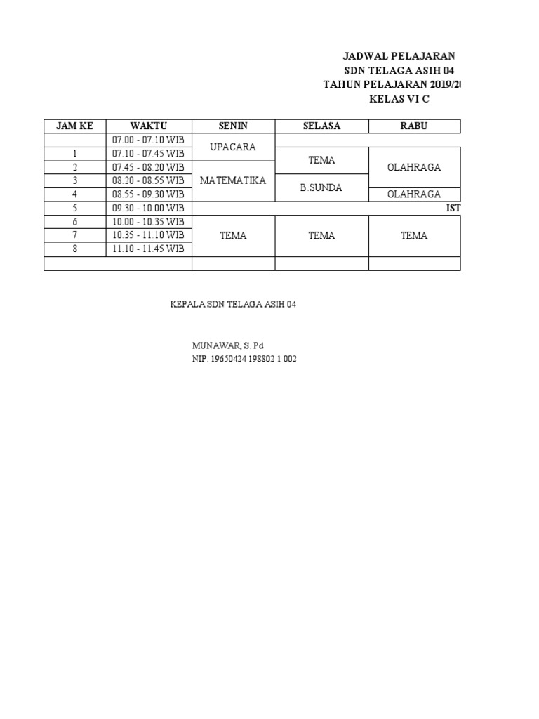 Jadwal Pelajaran Kelas 6c | PDF
