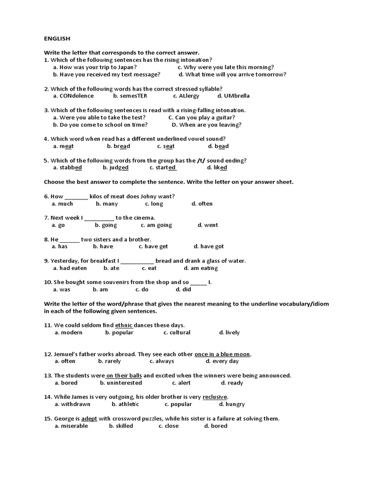 English Comprehension Assessment: Identifying Parts of Speech, Grammar ...