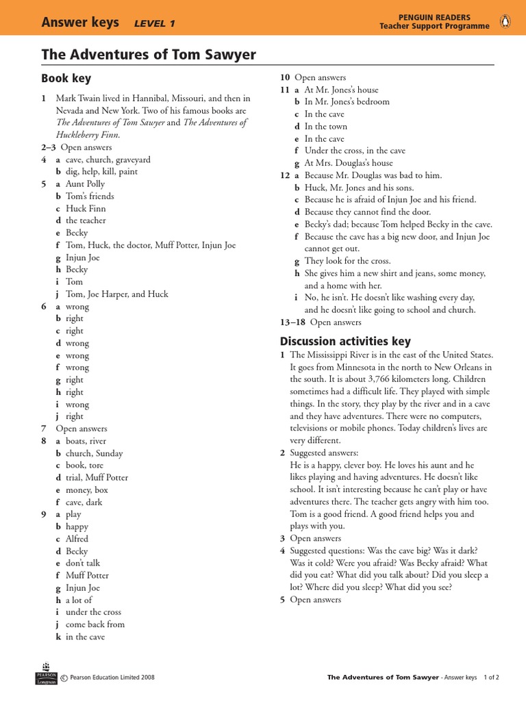 The Adventures of Tom Sawyer: Answer Keys | PDF