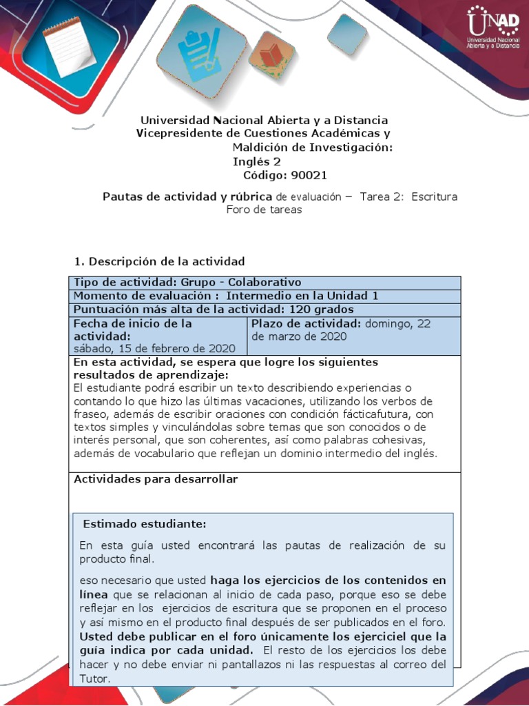 (ESPAÑOL) Activities Guide and Evaluation Rubric - Unit 1 - Task 2 - Writing Production | PDF ...
