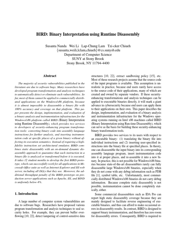 BIRD Binary Interpretation Using Runtime Disassembly | Download Free PDF | Subroutine | Computer ...