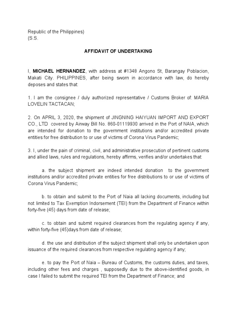 AFFIDAVIT OF UNDERTAKING Sample | PDF