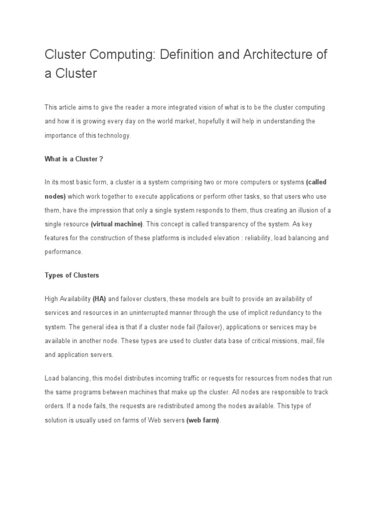 Cluster Computing: Definition and Architecture of A Cluster | PDF | Computer Cluster | Load ...