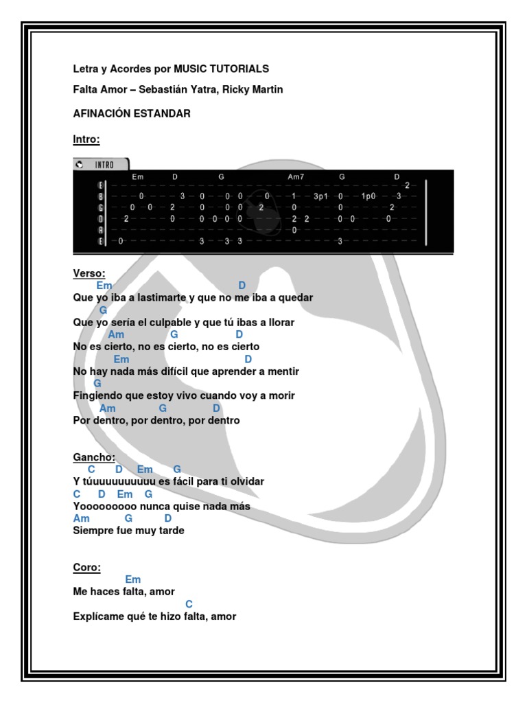 Letra y acordes de Falta Amor de Sebastián Yatra | PDF | Amor ...