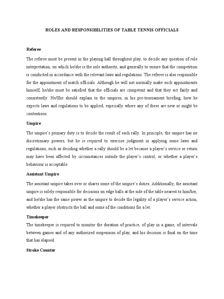 Roles and Responsibilities of Table Tennis Officials | PDF | Referee ...