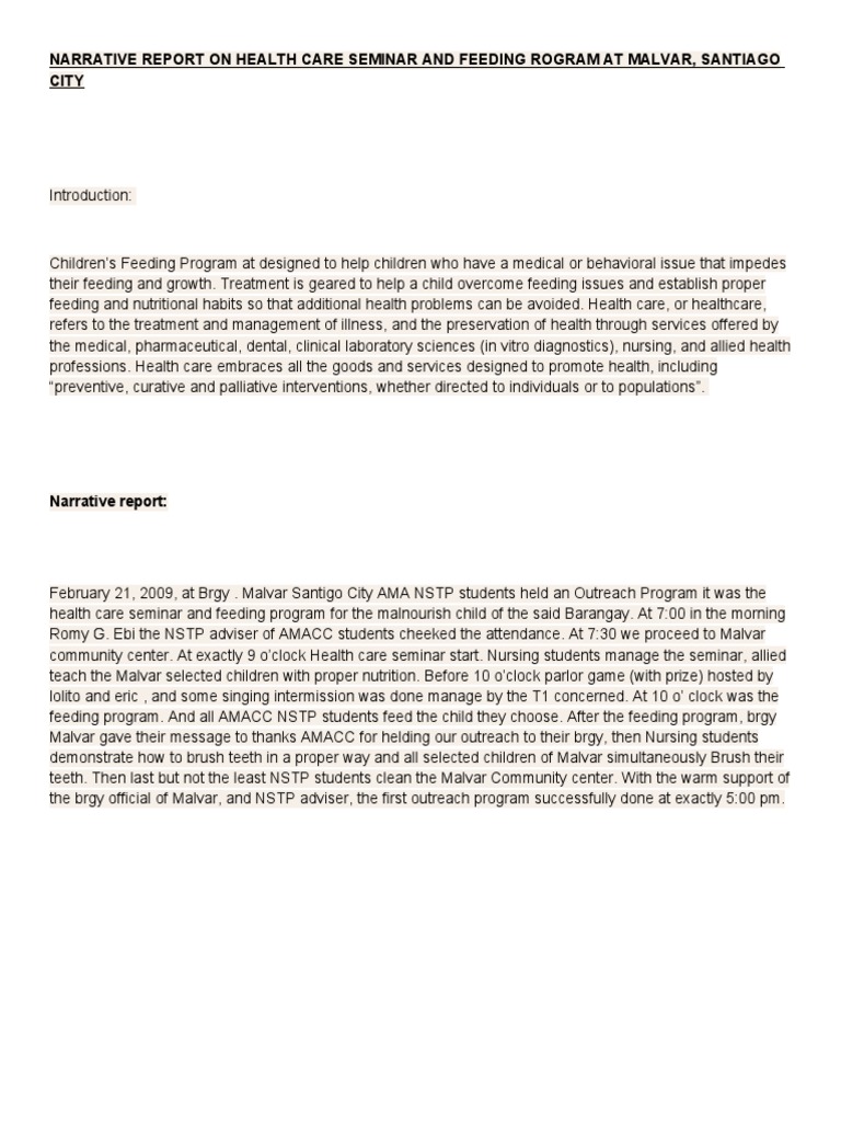 NARRATIVE REPORT ON HEALTH CARE SEMINAR AND FEEDING PROGRAM AT MALVAR ...