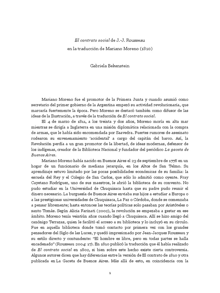 El Contrato Social de J J Rousseau en La Traduccion de Mariano Moreno ...