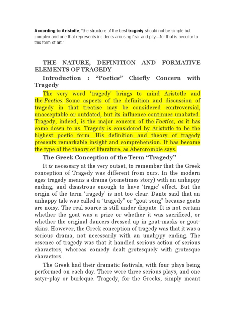 The Nature, Definition and Formative Elements of Tragedy Introduction ...