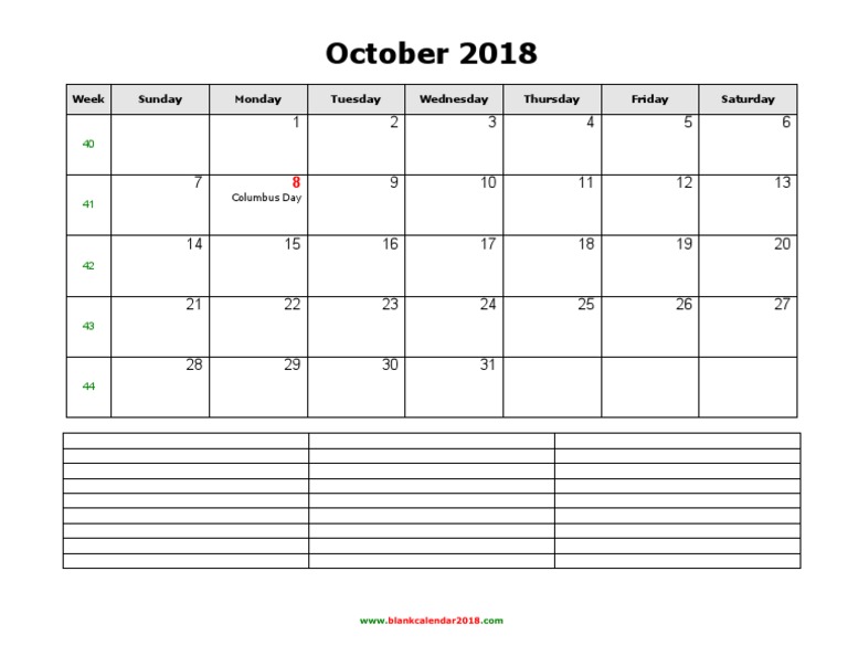 October 2018 Calendar Notes Blank Landscape | PDF