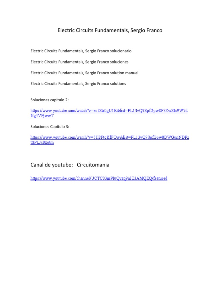 Electric Circuits Fundamentals Sergio Franco Soluciones | PDF | Ciencia y matemáticas
