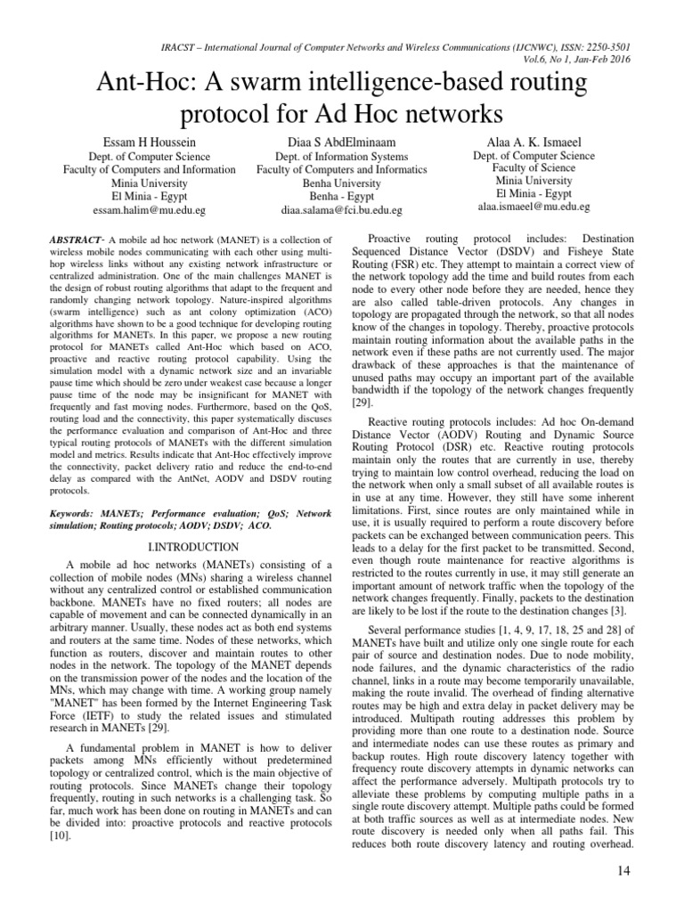 Ant Hoc A Swarm Intelligence Based Routing Protocol For Ad Hoc Networks Pdf Routing